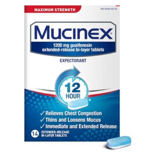 mucinex 12 hour maximum strength 1200 mg guaifenesin extended-release tablets for excess mucus relief, expectorant aids excess mucus removal, chest congestion relief, 14 tablets