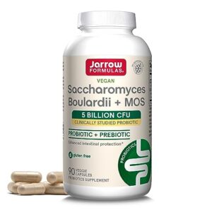 jarrow formulas saccharomyces boulardii probiotics + mos 5 billion cfu probiotic yeast for intestinal health support, gut health supplements for women and men, 90 veggie capsules, 90 day supply