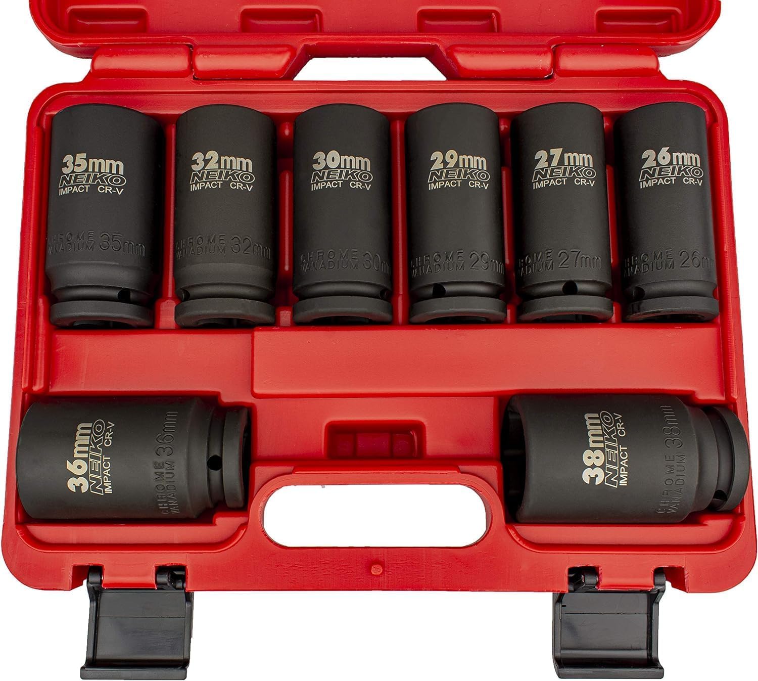 Neiko 02460A 3/4" Drive Deep Impact Socket Set, 8 Piece Jumbo Assortment | Metric Sizes (26 to 38 mm) | Chrome Vanadium Steel