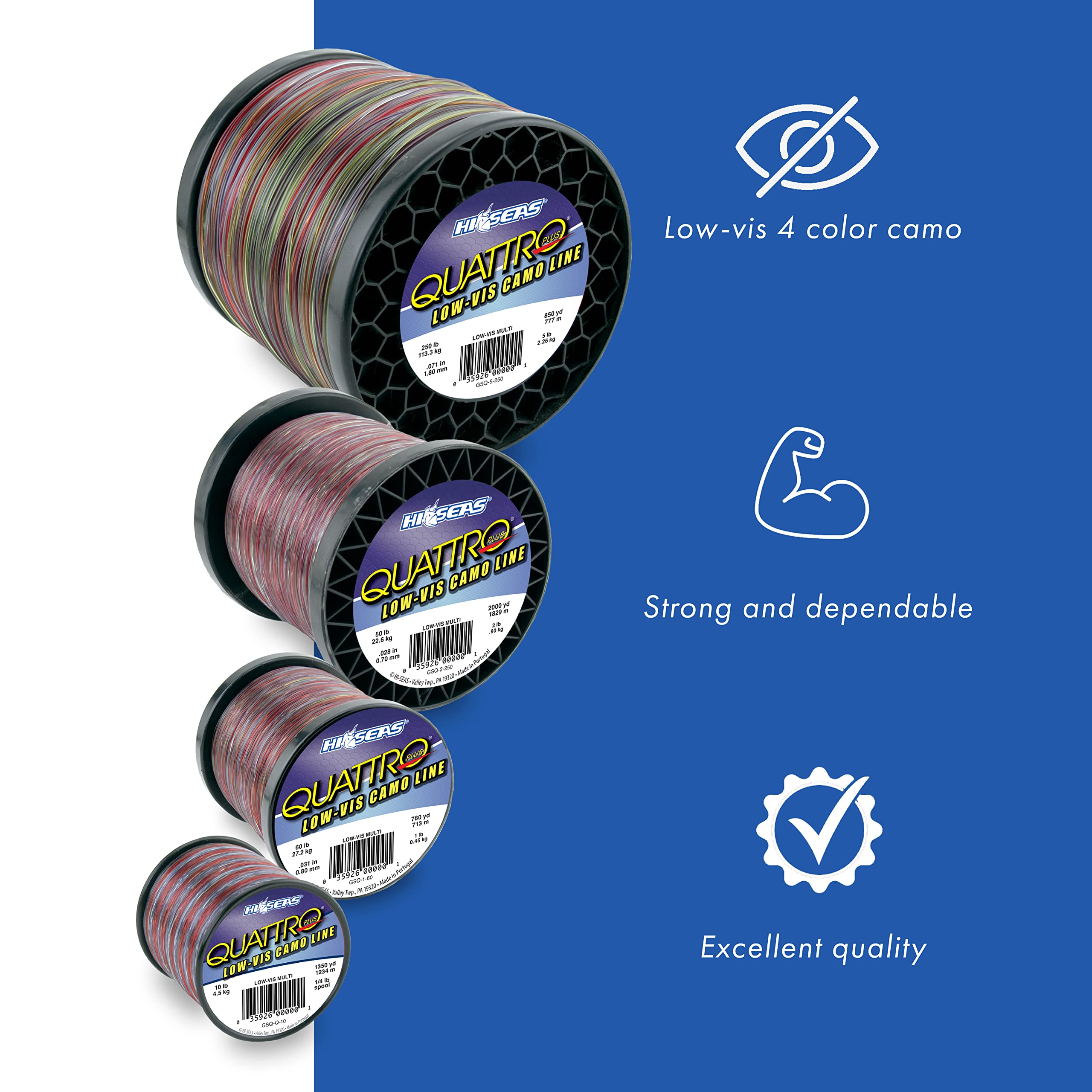 Hi-Seas Quattro Monofilament Line, 50 lb / 22.6 kg Test, 028 in / 0.70 mm Dia, 4-Color Camo, 1000 yd / 914 m