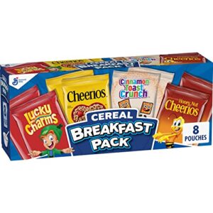 general mills breakfast cereal variety pack, lucky charms, cinnamon toast crunch, and cheerios varieties, single serve snacks, 9.14 oz (8 pouches)