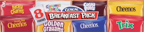 General Mills Breakfast Cereal Variety Pack, Lucky Charms, Cinnamon Toast Crunch, and Cheerios Varieties, Single Serve Snacks, 9.14 oz (8 Pouches)