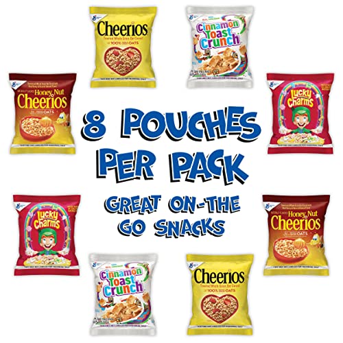 General Mills Breakfast Cereal Variety Pack, Lucky Charms, Cinnamon Toast Crunch, and Cheerios Varieties, Single Serve Snacks, 9.14 oz (8 Pouches)