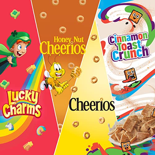 General Mills Breakfast Cereal Variety Pack, Lucky Charms, Cinnamon Toast Crunch, and Cheerios Varieties, Single Serve Snacks, 9.14 oz (8 Pouches)