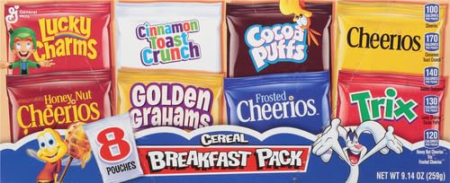 General Mills Breakfast Cereal Variety Pack, Lucky Charms, Cinnamon Toast Crunch, and Cheerios Varieties, Single Serve Snacks, 9.14 oz (8 Pouches)