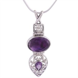 novica artisan handmade amethyst pendant necklace india jewelry sterling silver purple choker birthstone [15.75 in l pendant(s) 2.4 in l x 0.8 in w x 0.3 in d] ' wise beauty'