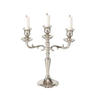 hamptons three arm silver candelabra, hand crafted of silver aluminum nickel, 10.25 inches high, weighted