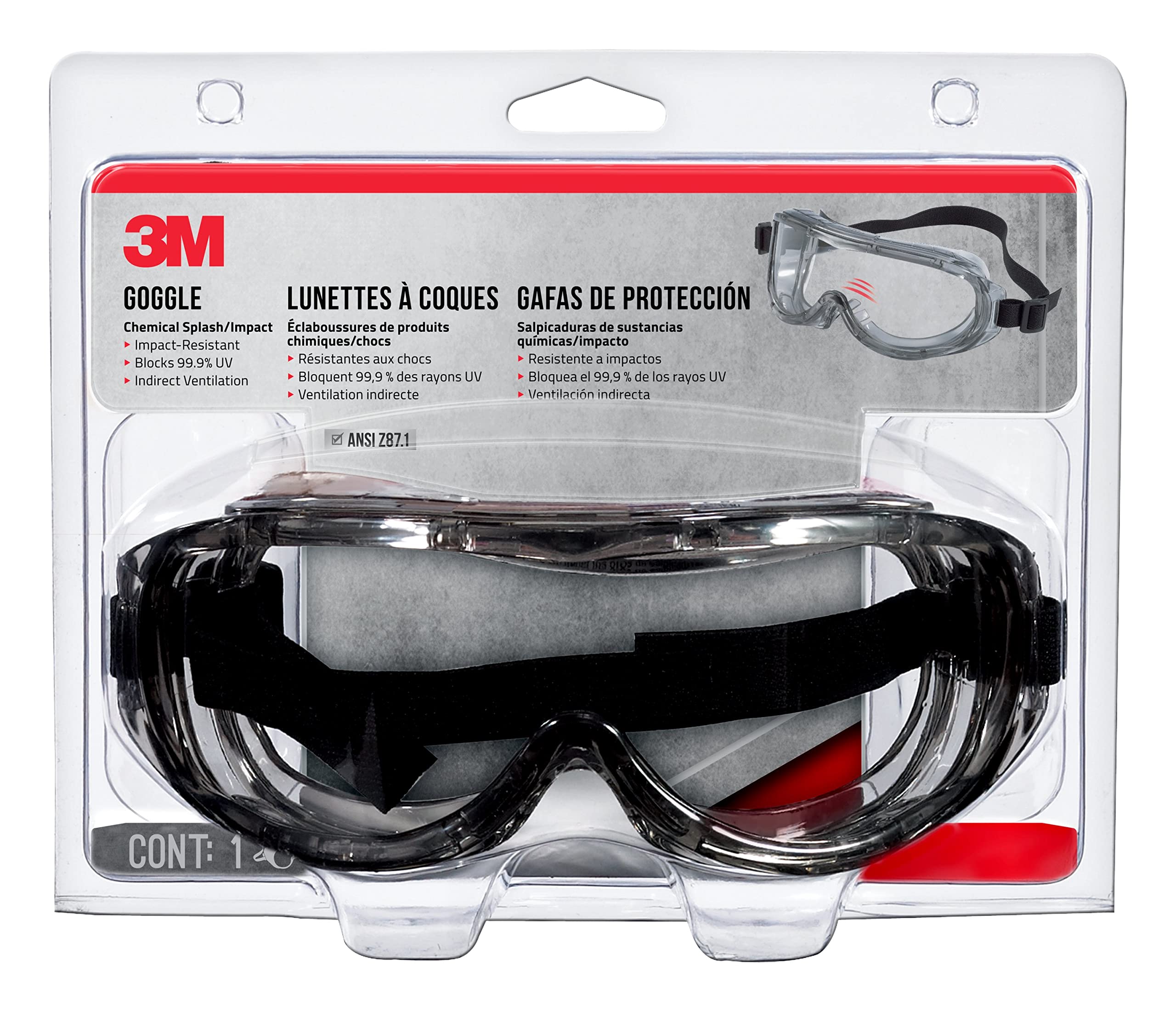 3M Professional Goggle, Clear Lens Provides Excellent Visibility, Impact-Resistant, Blocks 99.9% of UV, Indirect Ventilation Reduces Fogging, Accommodates Some Personal Eyewear (91264H1-DC)