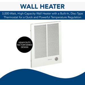 Broan-NuTone 194 High Capacity Wall Heater, White Painted Grille, 3000/1500 Watt 240 VAC, Covers 300 sq. ft. at Factory Wired Voltage