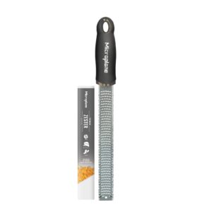 microplane premium classic series zester grater, 18/8, black - lemon zester & cheese grater & vegetable grater - citrus, parmesan cheese, garlic, ginger, nutmeg, chocolate - stainless steel grater