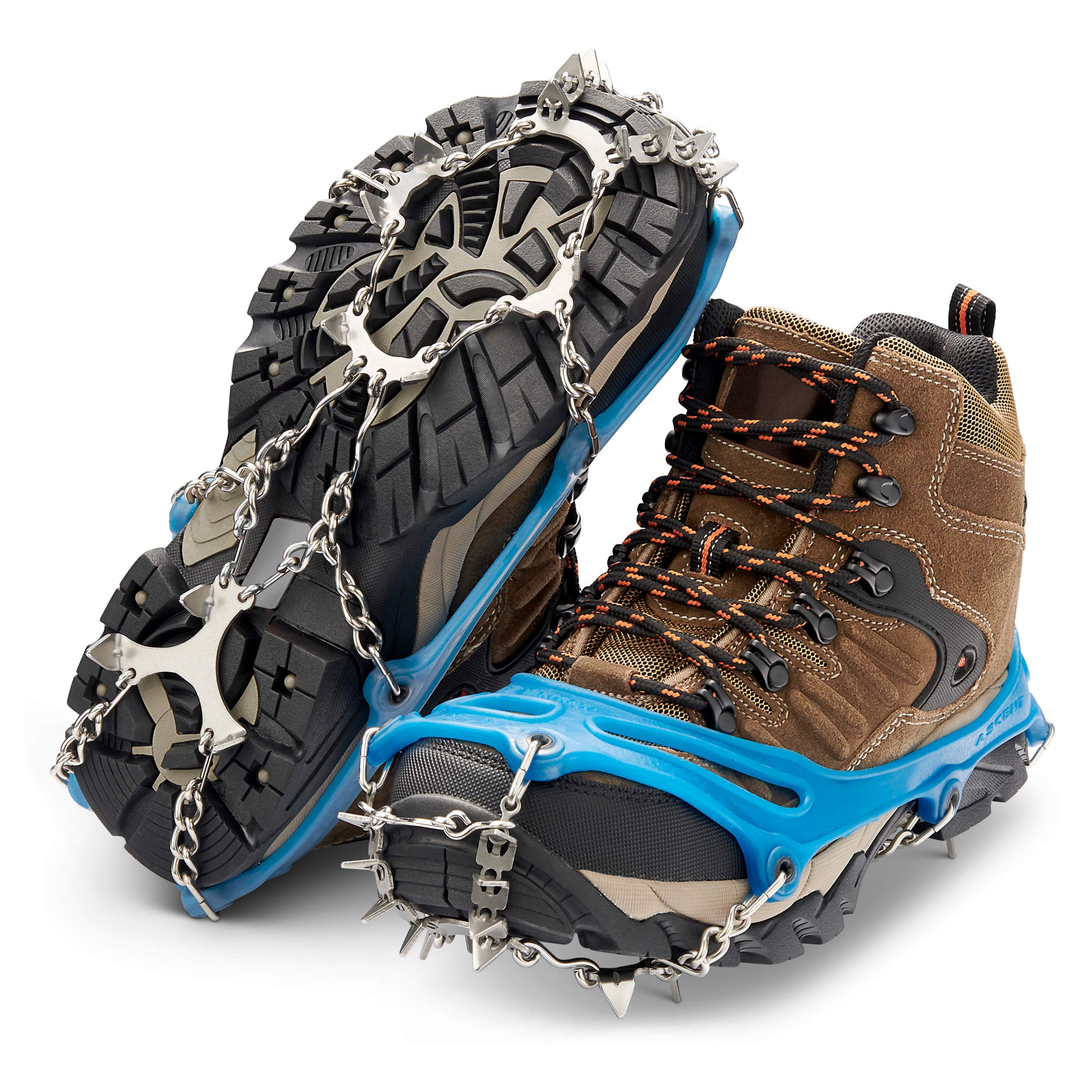 Yaktrax Ascent Heavy Duty Traction Cleats with 16 Stainless-Steel Spikes, Blue, Large (1 Pair)