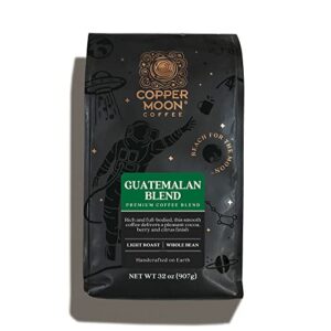 copper moon guatemalan antigua blend, light roast coffee with a nutty finish, whole bean, 2 lb