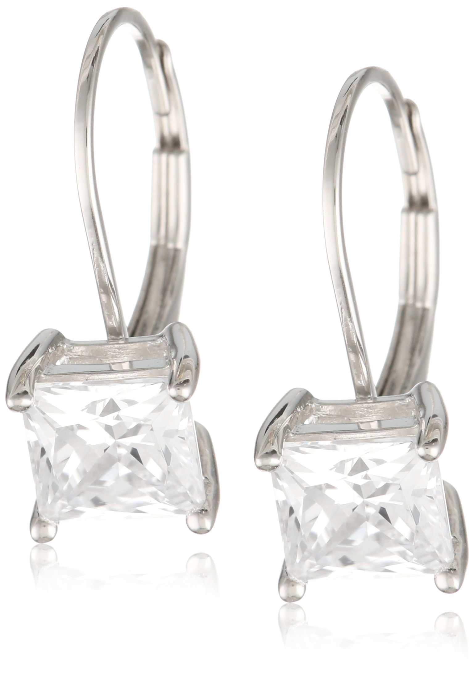 Amazon Essentials Platinum Plated Sterling Silver Princess Cut Cubic Zirconia Leverback Earrings (5.5mm), (previously Amazon Collection)