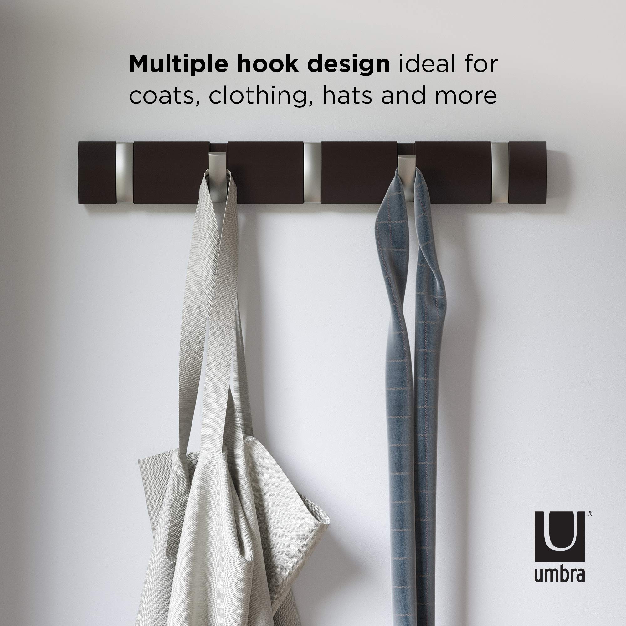 Umbra Flip Wall-Mounted Coat Rack Rail Hook for Hats, Jackets, Bags and More – Modern, Space-Saving Storage Organizer for Entryway, Mudroom, Closet, Bathroom, Bedroom, Kids Room, or Nursery, 5 Hooks, Espresso/Nickel