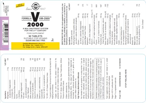 Solgar Formula VM-2000 (Multinutrient System), 90 Tablets - Premium Quality Multiple - Contains Zinc - Supports A Healthy Immune System - Vegan, Dairy Free, Kosher - 45 Servings