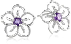 amazon essentials rhodium-plated-silver, sterling silver genuine african amethyst flower stud earrings (previously amazon collection)