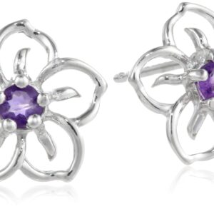 Amazon Essentials Rhodium-plated-silver, Sterling Silver Genuine African Amethyst Flower Stud Earrings (previously Amazon Collection)