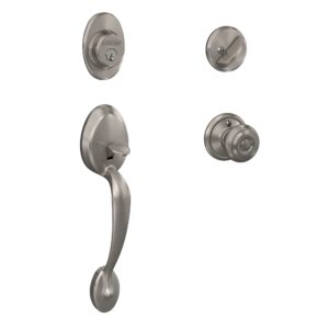 schlage f60 v ply 619 geo plymouth front entry handleset with georgian knob, deadbolt keyed 1 side, satin nickel