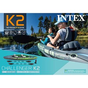 INTEX 68306EP Challenger K2 Inflatable Kayak Set: Includes Deluxe 86in Kayak Paddles and High-Output Pump – Adjustable Seat with Backrest – Removable Skeg – 2-Person – 400lb Weight Capacity