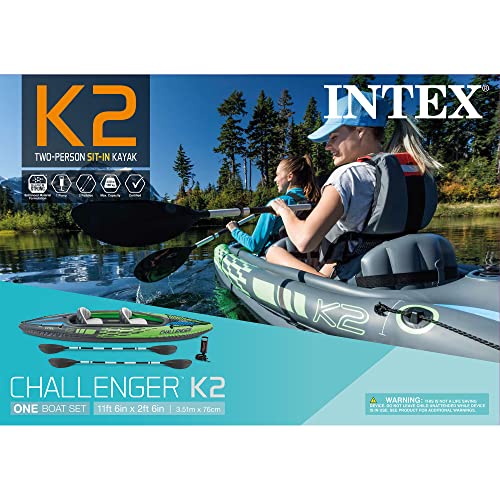 INTEX 68306EP Challenger K2 Inflatable Kayak Set: Includes Deluxe 86in Kayak Paddles and High-Output Pump – Adjustable Seat with Backrest – Removable Skeg – 2-Person – 400lb Weight Capacity