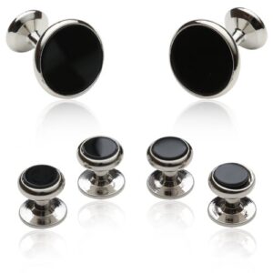 mens black onyx and silver cufflinks studs tuxedo formal set with presentation box groom groomsmen wedding