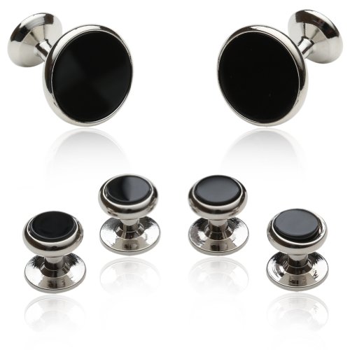 Mens Black Onyx and Silver Cufflinks Studs Tuxedo Formal Set with Presentation Box Groom Groomsmen Wedding