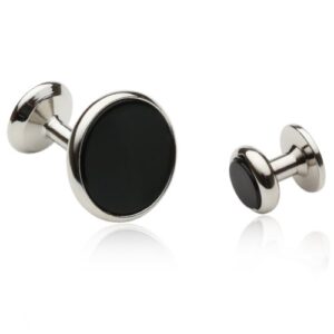 Mens Black Onyx and Silver Cufflinks Studs Tuxedo Formal Set with Presentation Box Groom Groomsmen Wedding