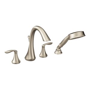 moen eva brushed nickel two-handle deck mount roman tub faucet trim kit with single function handshower, valve required, t944bn