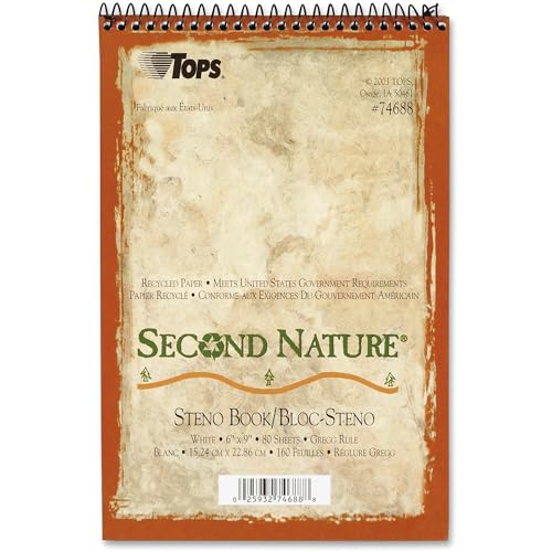 TOPS 74688 Second Nature Spiral Reporter/Steno Notebook, Gregg Rule, 6x9, WE, 80-Sheet, Carton of 72