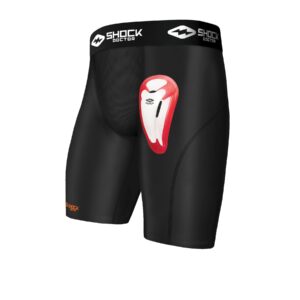 shock doctor compression shorts with protective bio-flex cup, moisture wicking vented protection, youth black