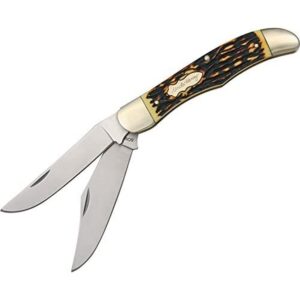 uncle henry 227uh folding bowie classic folding pocket knife with high carbon stainless steel blades, traditional staglon handle, and leather sheath for hunting, camping, every day carry, and outdoors