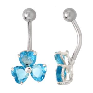 shamrock belly button ring with blue topaz cubic zirconia on sterling silver setting