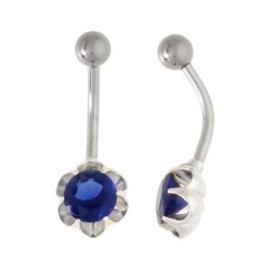 flower belly button ring with blue sapphire cubic zirconia on sterling silver setting