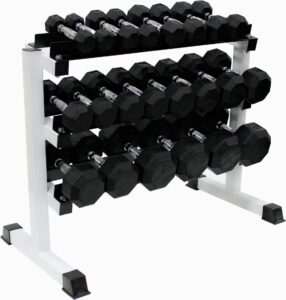 ader 11 pairs octagon rubber dumbbells 424lbs with 3 tier 36" dumbbell rack and 4' rubber mat