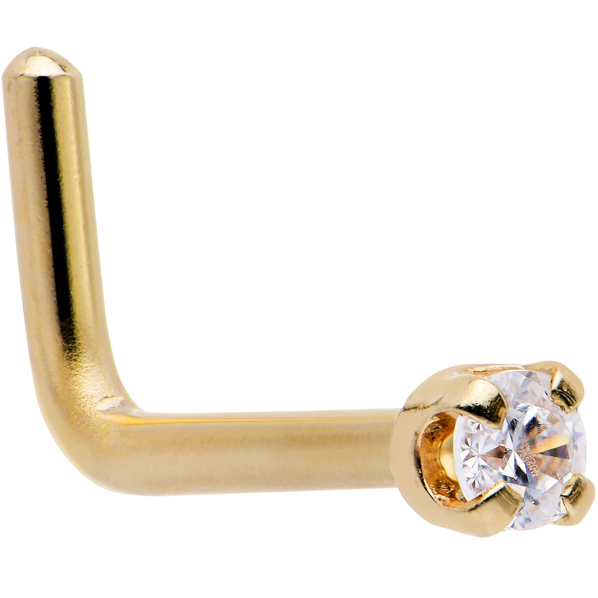 Body Candy Solid 14k Yellow Gold 2mm Clear Cubic Zirconia L Shaped Nose Stud Ring 18 Gauge 1/4"