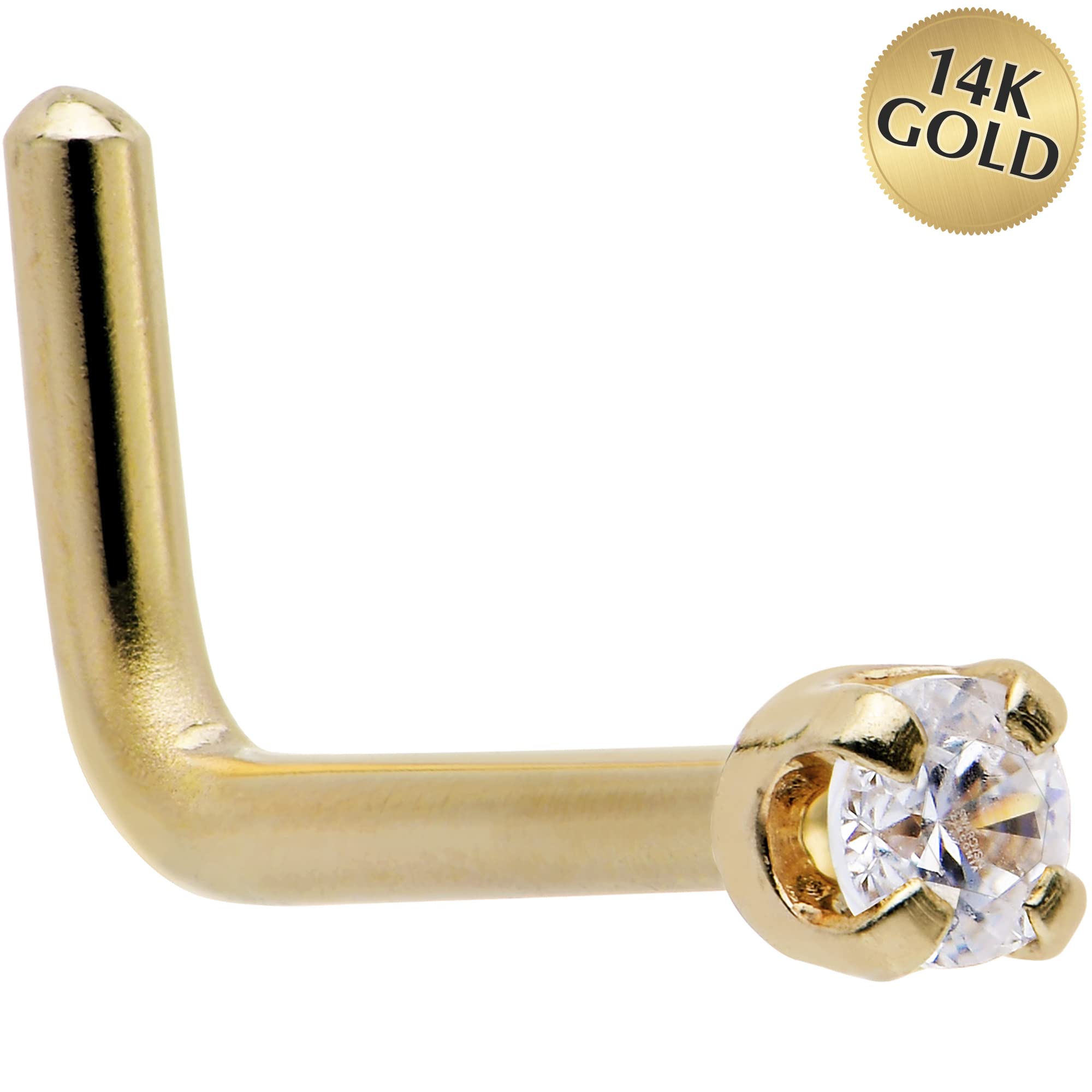 Body Candy Solid 14k Yellow Gold 2mm Clear Cubic Zirconia L Shaped Nose Stud Ring 18 Gauge 1/4"