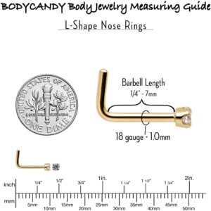 Body Candy Solid 14k Yellow Gold 2mm Clear Cubic Zirconia L Shaped Nose Stud Ring 18 Gauge 1/4"