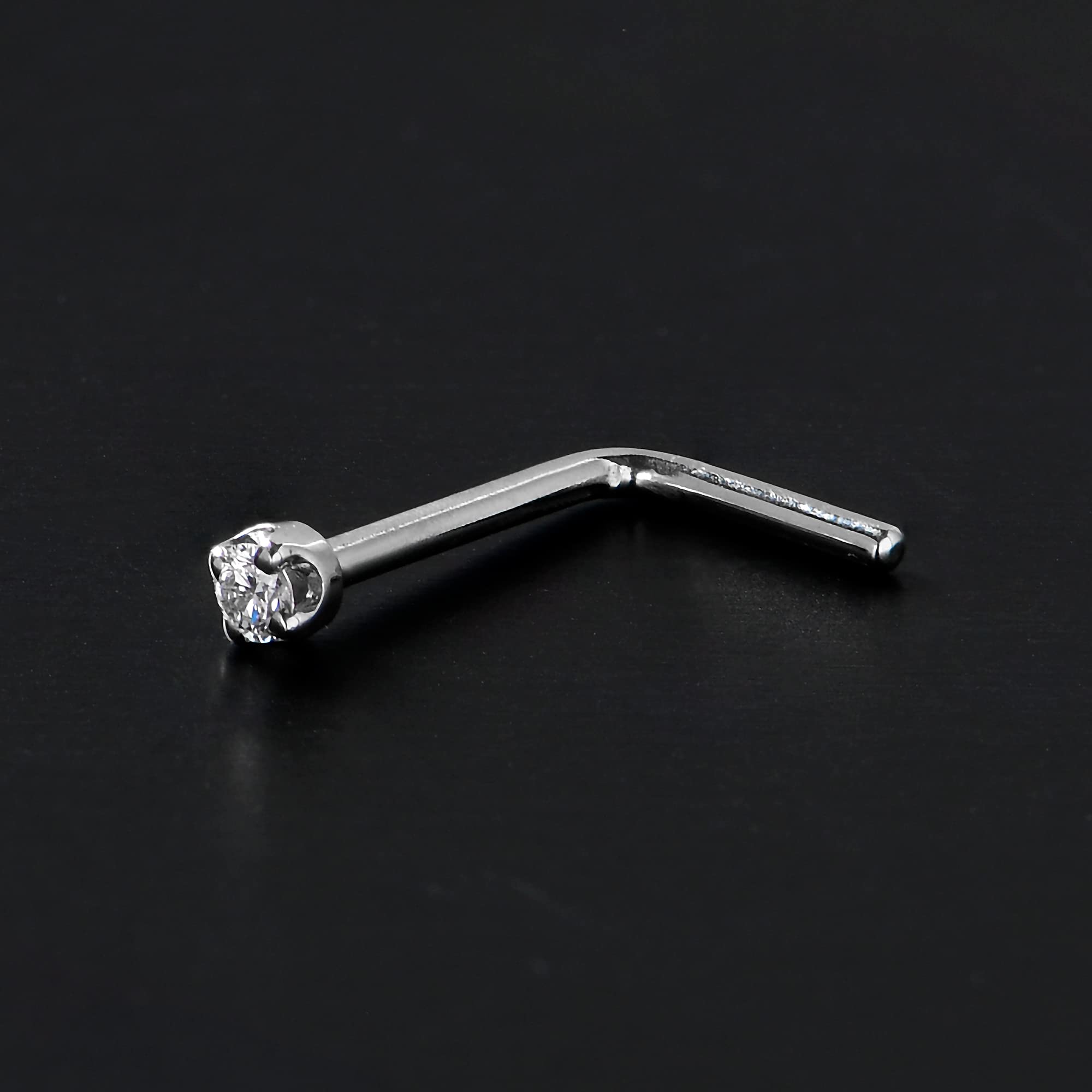 Body Candy Solid 14k White Gold 1.5mm (0.015 cttw) Genuine Diamond L Shaped Nose Stud Ring 20 Gauge 1/4"