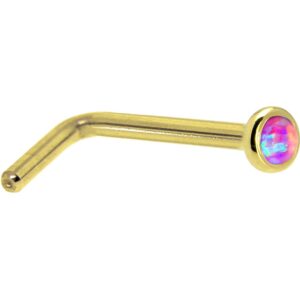 body candy solid 14k yellow gold 2mm fuchsia synthetic opal l shaped nose stud ring 18 gauge 1/4"