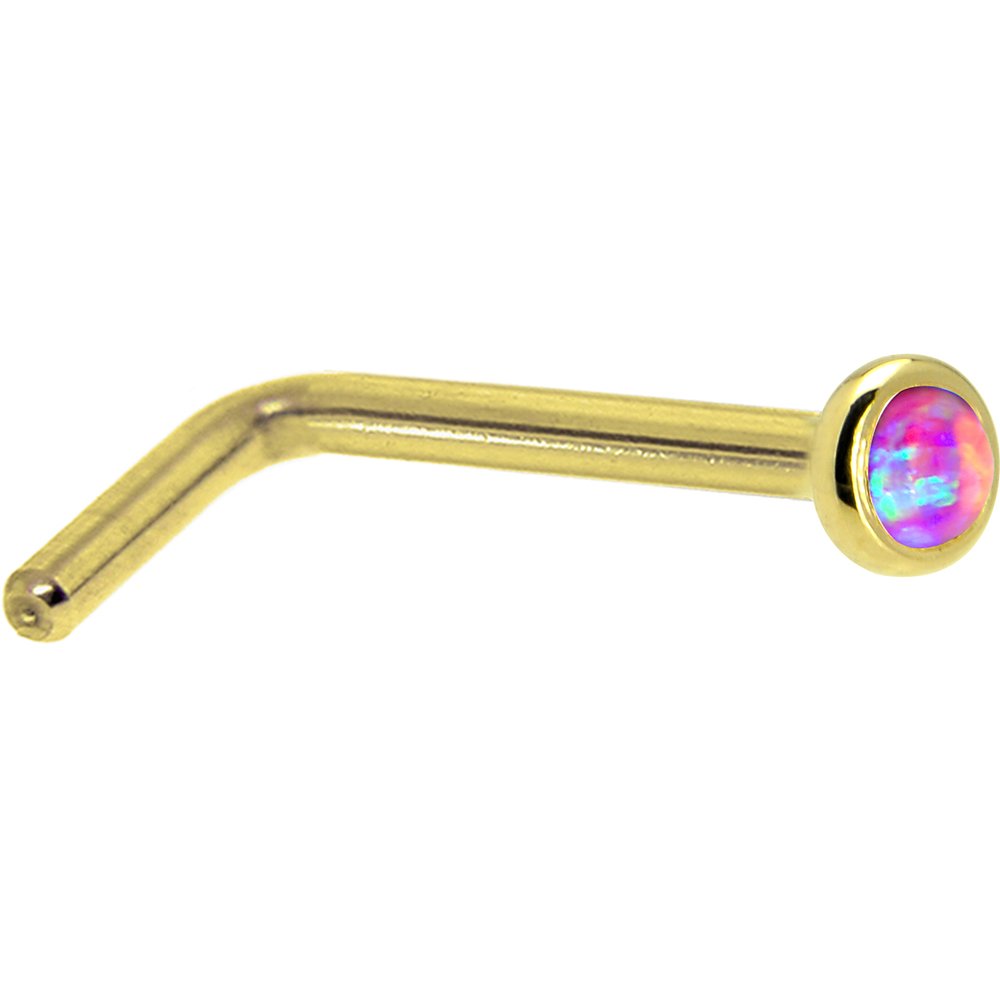 Body Candy Solid 14k Yellow Gold 2mm Fuchsia Synthetic Opal L Shaped Nose Stud Ring 18 Gauge 1/4"