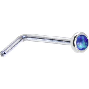 body candy solid 14k white gold 2mm dark blue synthetic opal l shaped nose stud ring 20 gauge 1/4"