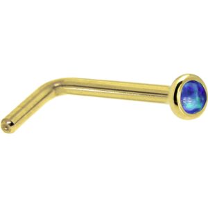 body candy solid 14k yellow gold 2mm dark blue synthetic opal l shaped nose stud ring 18 gauge 1/4"