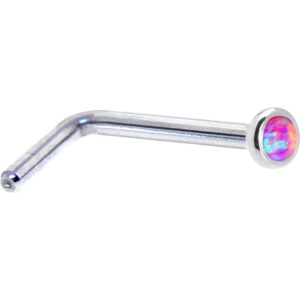 body candy solid 14k white gold 2mm fuchsia synthetic opal l shaped nose stud ring 18 gauge 1/4"