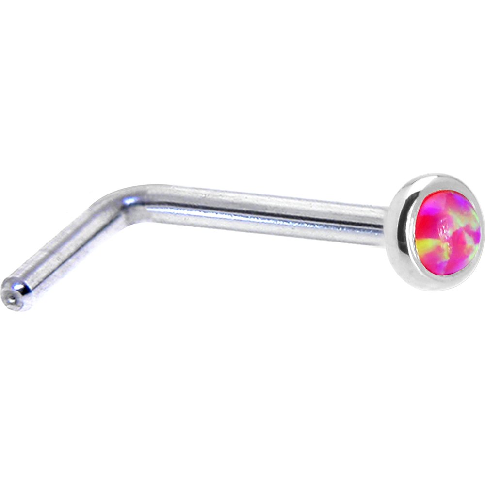 Body Candy Solid 14k White Gold 2mm Brilliant Pink Synthetic Opal L Shaped Nose Stud Ring 20 Gauge 1/4"