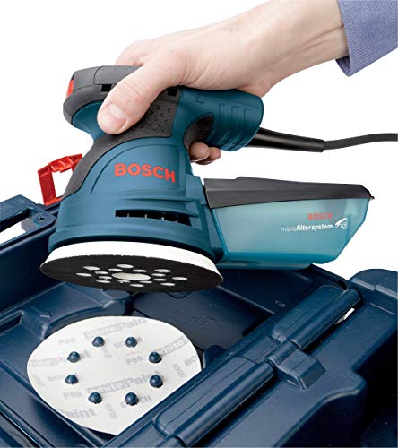 BOSCH ROS20VSK Palm Sander 2.5 Amp 5 in. Corded Variable Speed Random Orbital Sander/Polisher Kit with Dust Collector and Hard Carrying Case, Blue