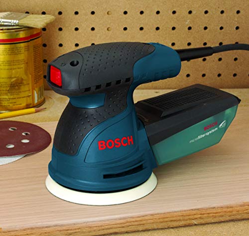 BOSCH ROS20VSK Palm Sander 2.5 Amp 5 in. Corded Variable Speed Random Orbital Sander/Polisher Kit with Dust Collector and Hard Carrying Case, Blue