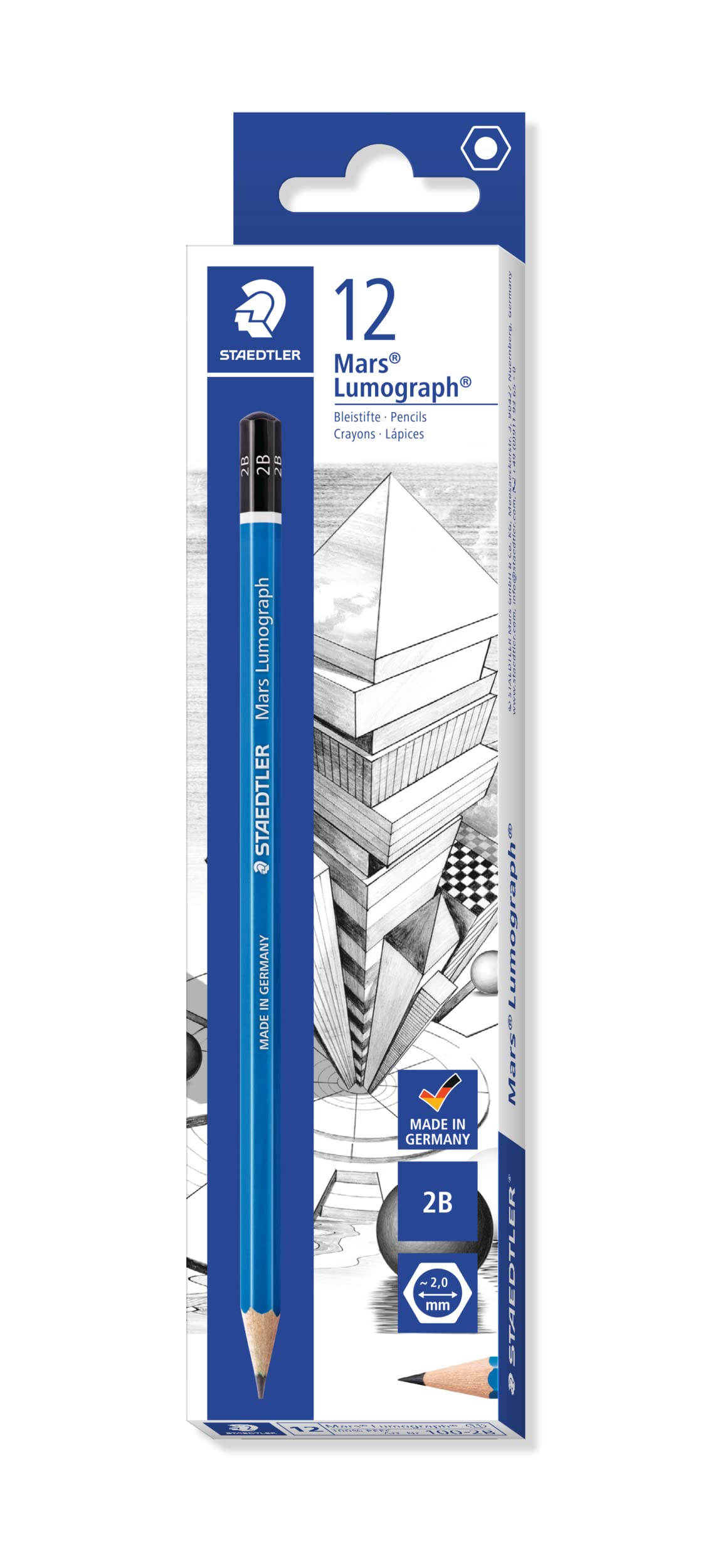 Staedtler Mars Lumograph 2B Graphite Art Drawing Pencil, Medium Soft, Break-Resistant Bonded Lead, 12 Pack, 100-2B (100-2B VE)