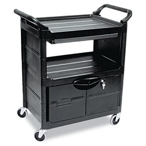 rubbermaid commercial plastic service and utility cart with cabinet and sliding drawer, black (fg345700bla) 200 lbs