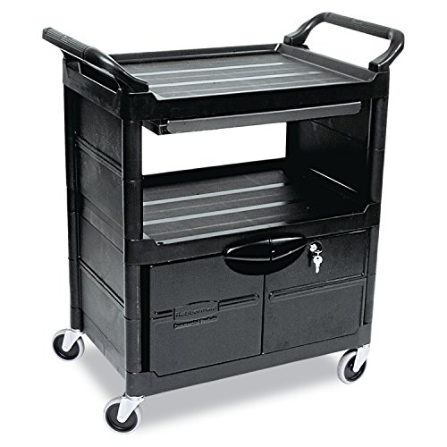 Rubbermaid Commercial Plastic Service and Utility Cart with Cabinet and Sliding Drawer, Black (FG345700BLA) 200 lbs