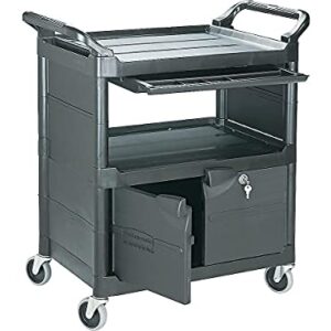 Rubbermaid Commercial Plastic Service and Utility Cart with Cabinet and Sliding Drawer, Black (FG345700BLA) 200 lbs